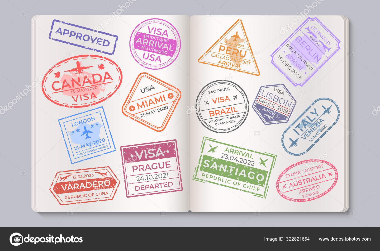 Passport stamps. Travel and immigration marks collection, arrival and ...