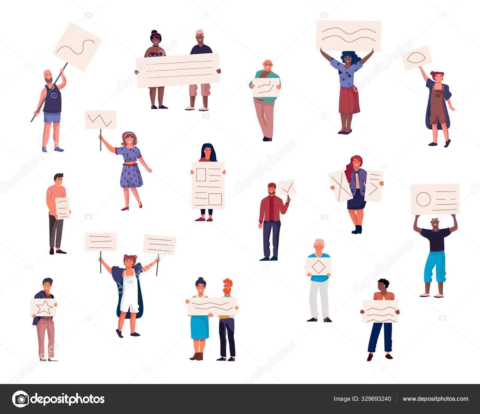 Protest crowd characters. People standing together and holding banners ...
