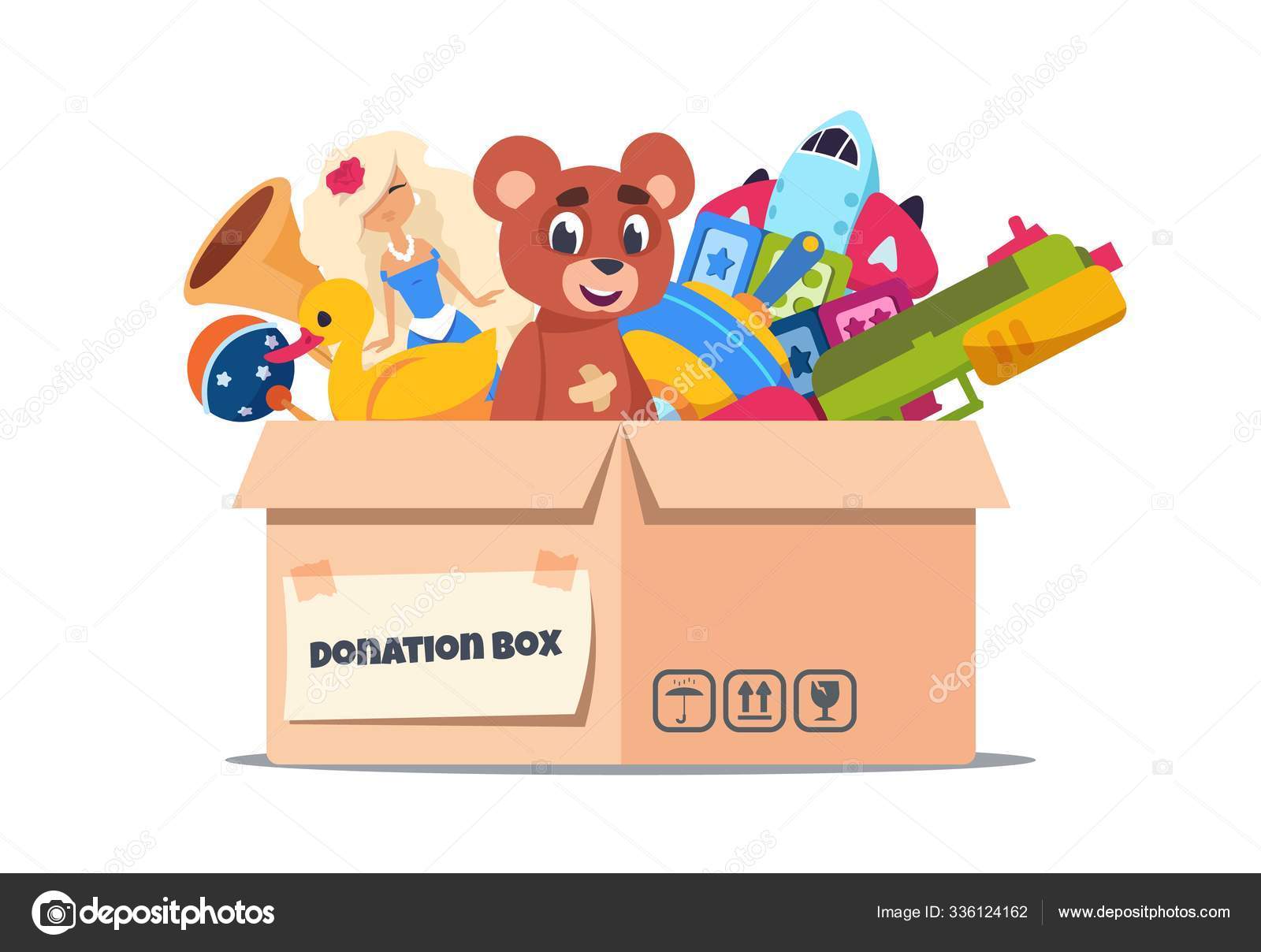 Donation toy box. Cardboard containers with social care and support for ...
