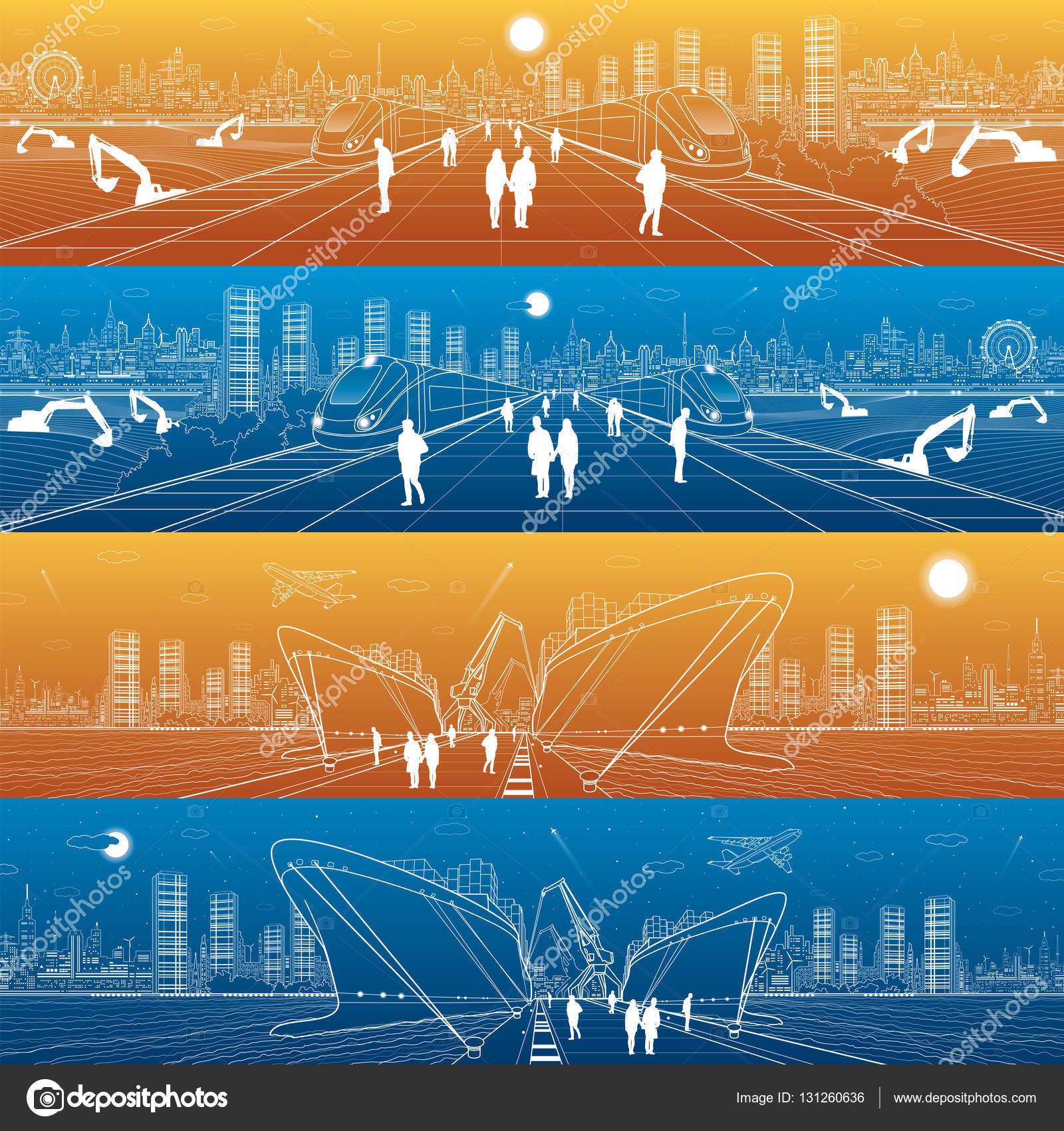 Transportation and industrial panorama. Two cargo ships loading. Two ... Transportation and industrial panorama. Two cargo ships loading. Two ...