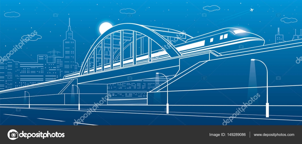 Train traveling along the railway bridge, highway. Urban infrastructure ...