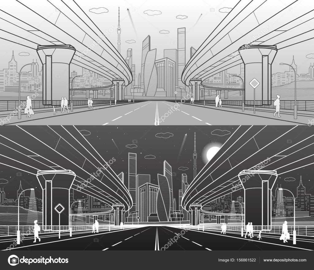 Road overpass. Big highway. Transport bridge. Urban infrastructure ...