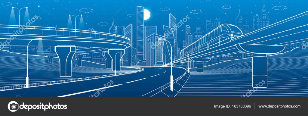 City infrastructure transport scene. Monorail railway. Automotive ...