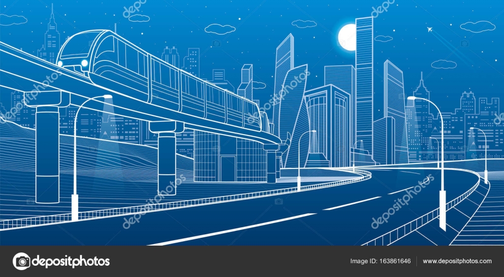 City Infrastructure And Transport Illustration Monorail Railway Train Move Over Flyover