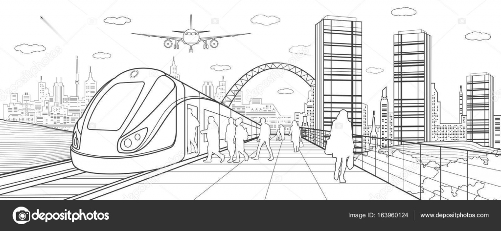 City and transport illustration. Passengers get on train, people at ...