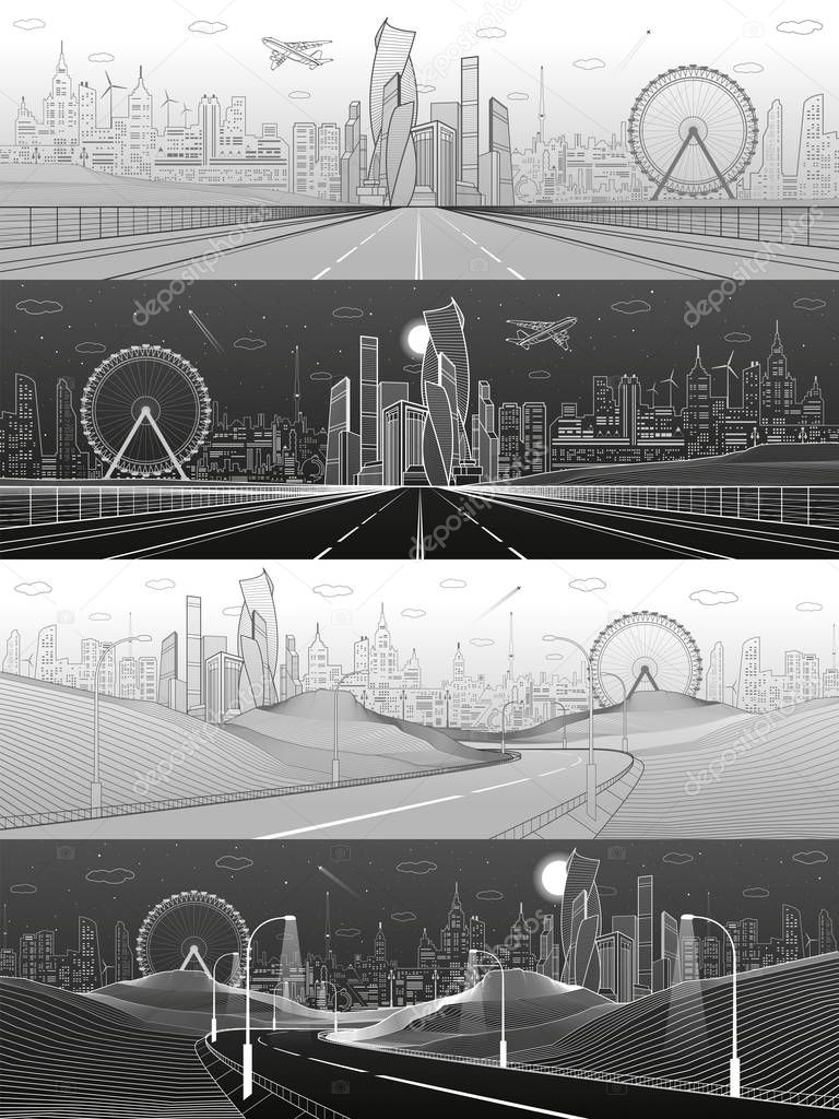 City infrastructure illustration set. Wide highway. Future town skyline ...