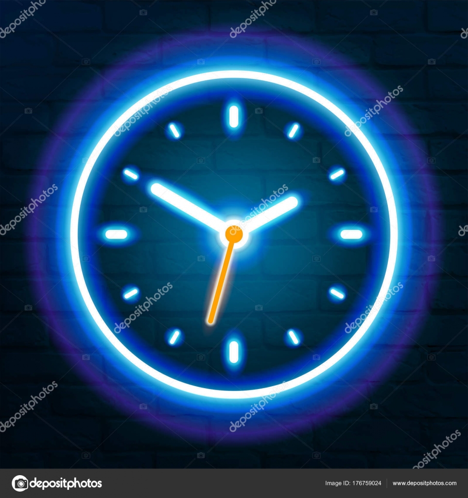 Clock Icon Neon Style Timer Bricks Wall Background Glow Watch Stock ...