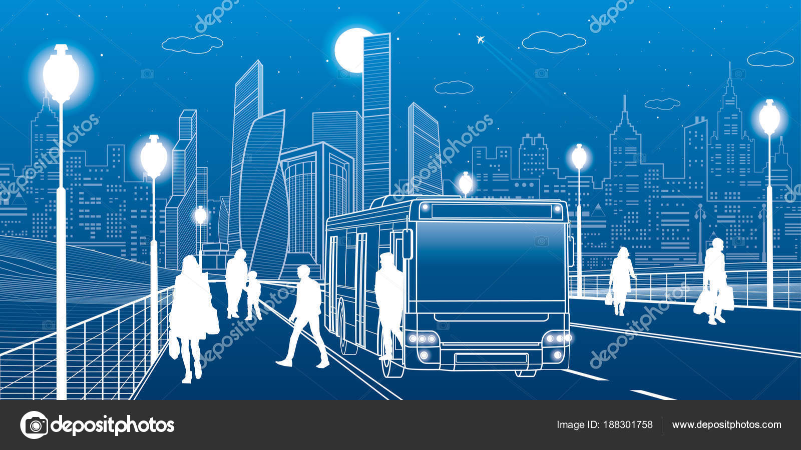 City Transportation Infrastructure Illustration Passengers Get Bus ...