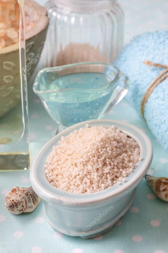 Blue spa set: sea salt, liquid soap, towel — Stock Photo ...