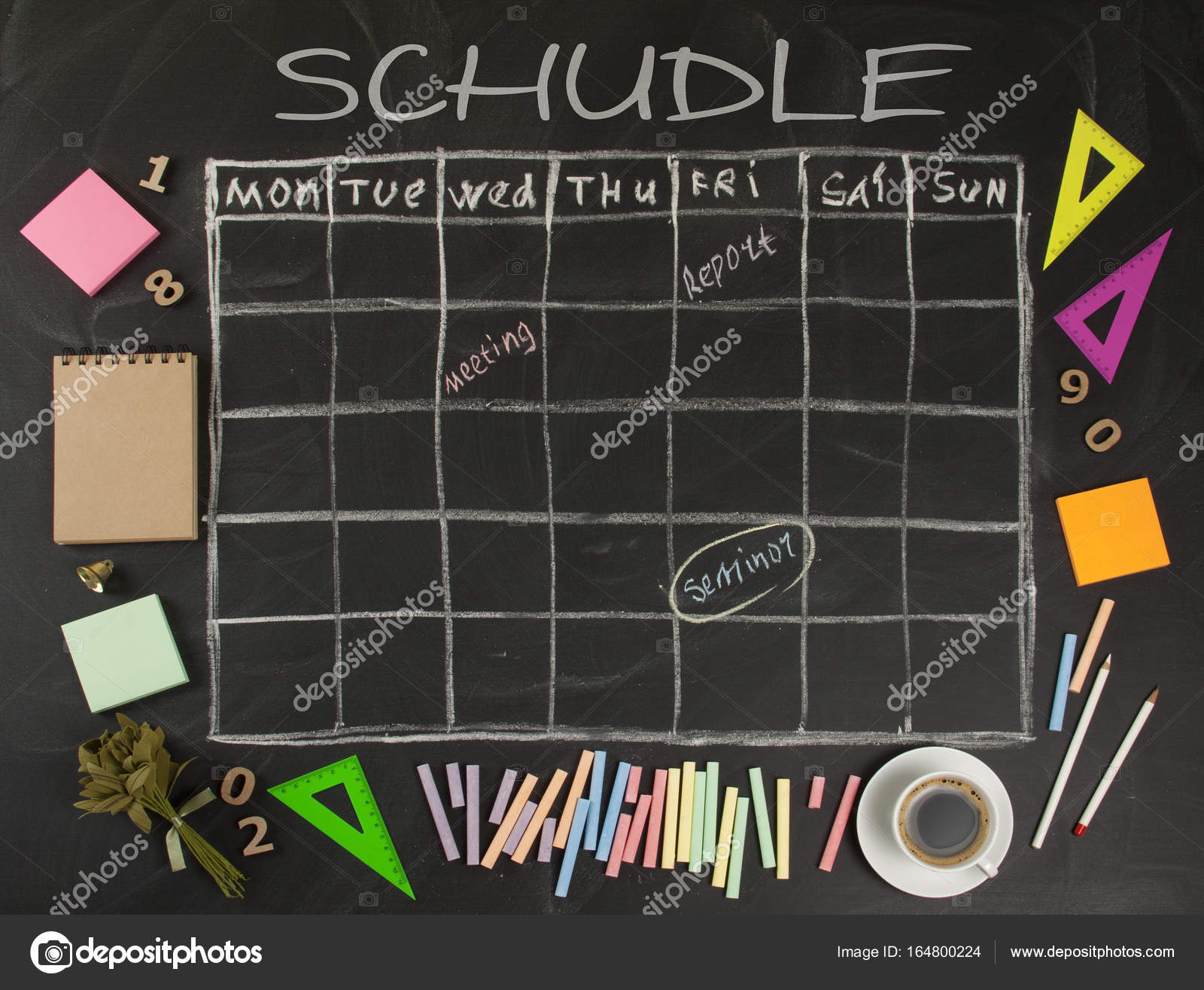 Grid timetable schedule with stationery on black chalkboard back Stock ...