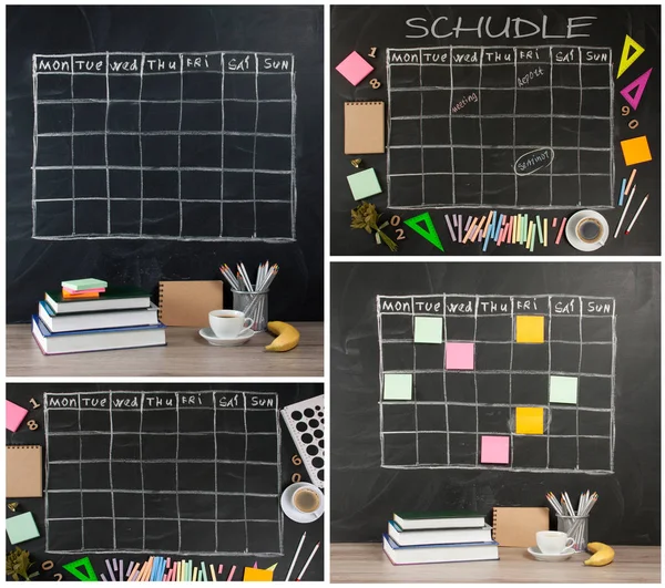Grid timetable schedule with decoration on black chalkboard back Stock ...