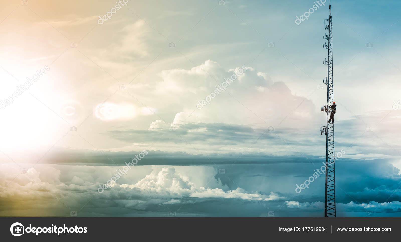 Amazing Landscape Telecom Worker Climbing Antenna Tower Harness Tools ...