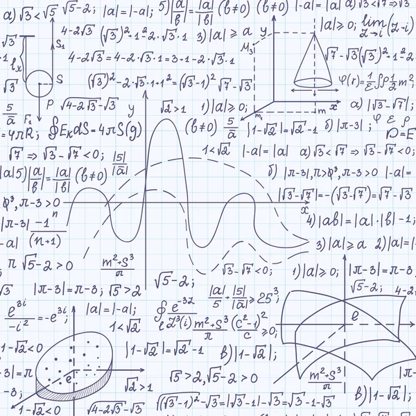Scientific vector seamless pattern with handwritten math and physical formulas, figures, plots ...