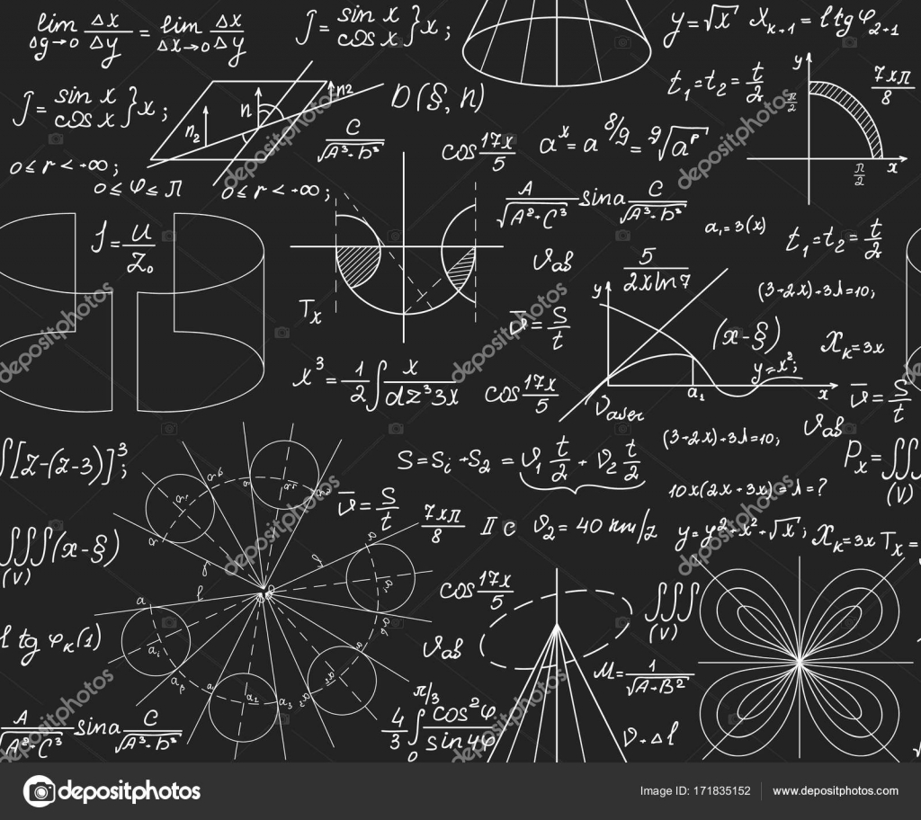 Scientific vector seamless pattern with handwritten math and physical formulas, figures, plots ...