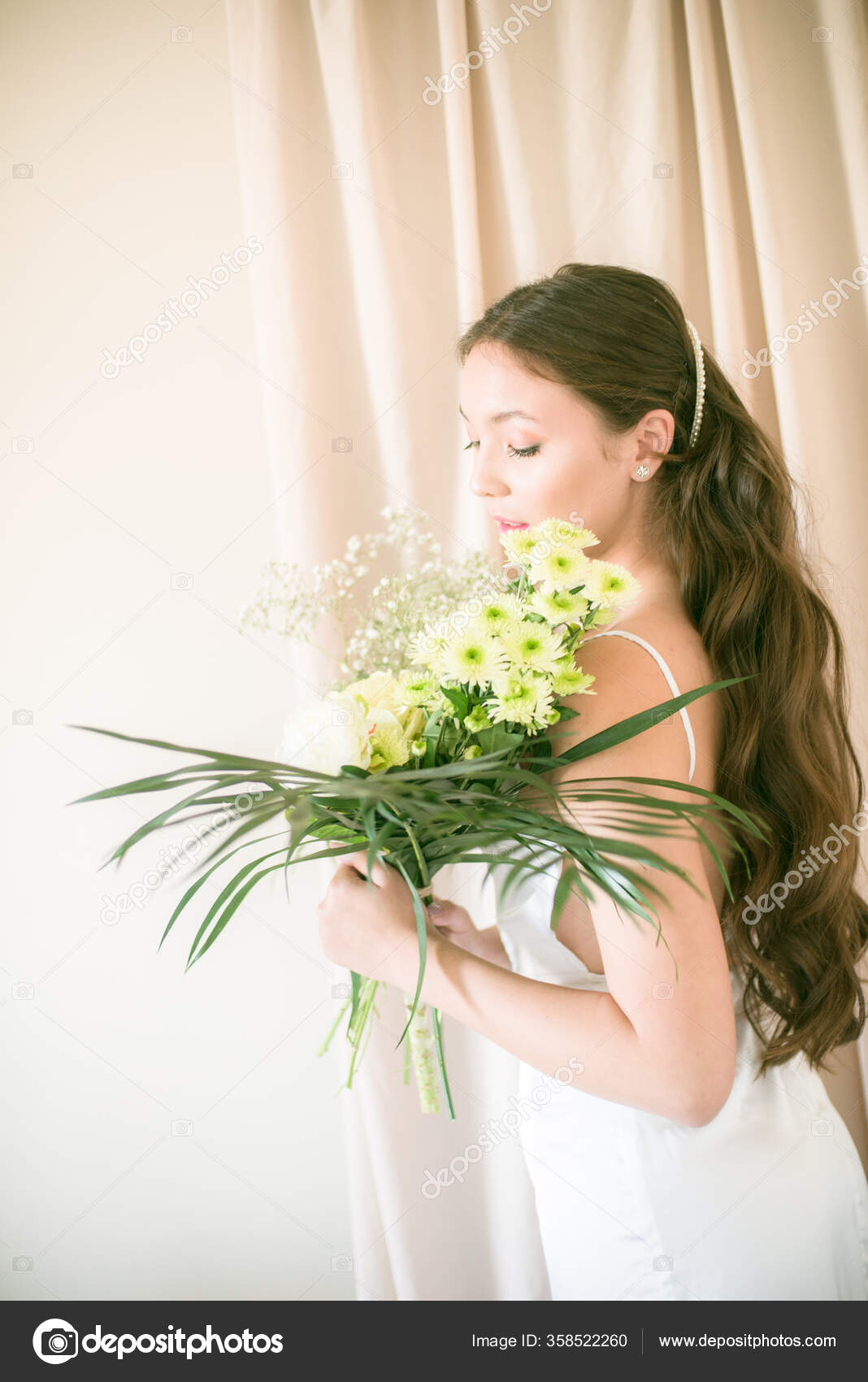 Cute Tender Young Bride Asian Appearance Long Hair White Dress — Stock ...