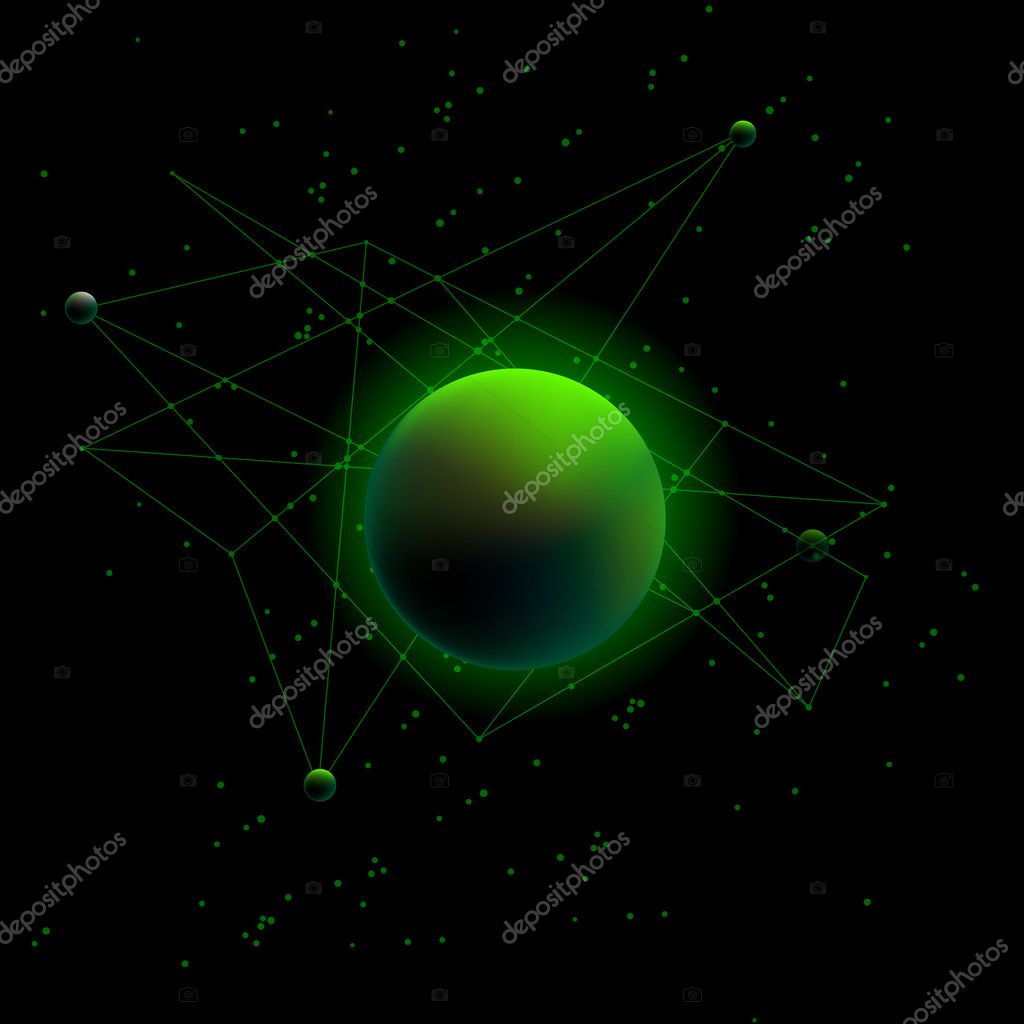 Planet and satellites. Neon Green space background. Stock Vector Image ...
