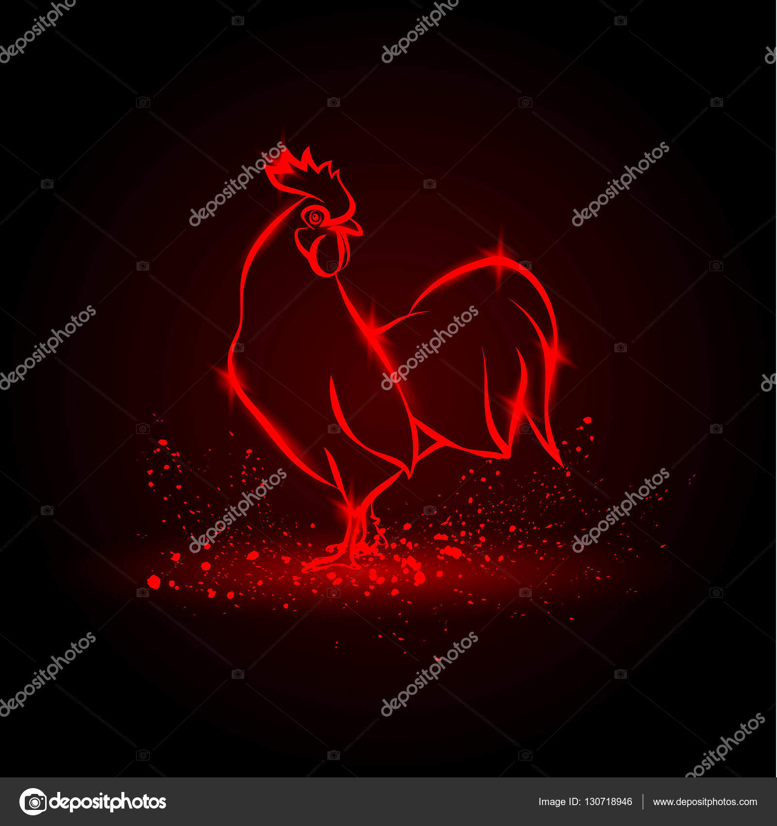 Red neon rooster on a black background. Glowing cock in a linear style ...