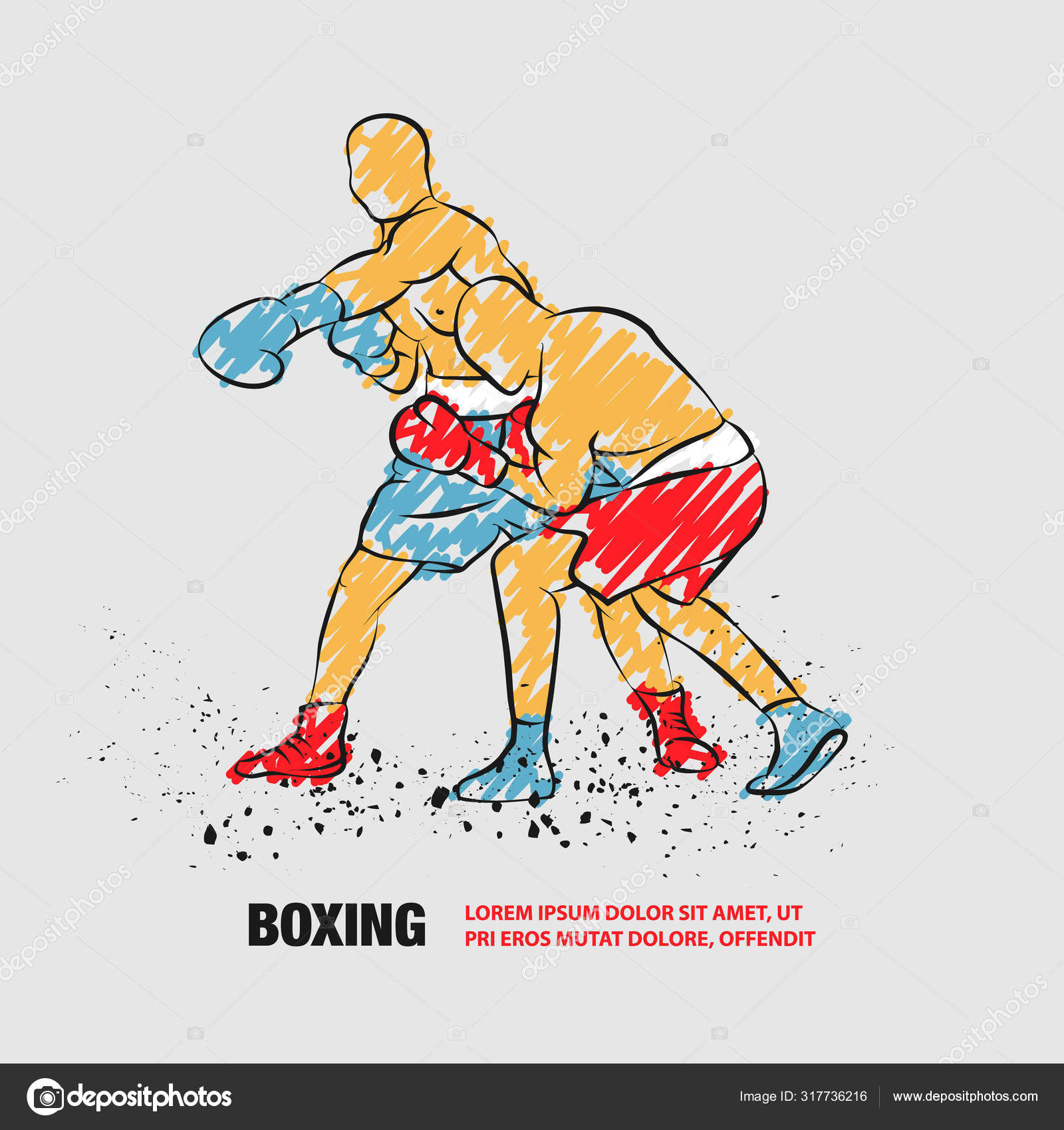 Boxer has hit and the opponent falls in knockout. Vector outline of ...
