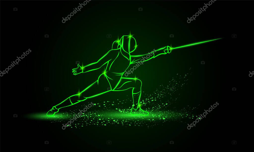Esgrima en pose de ataque. Esgrima vectorial deporte verde neón ...