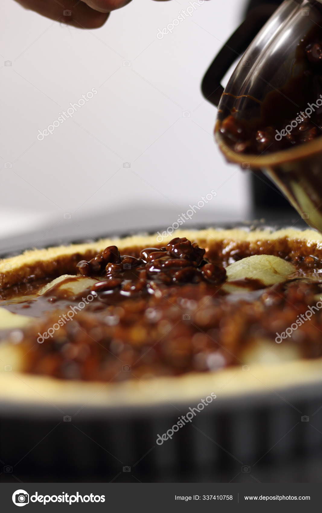 Pouring Pecan Mixture Top Making Chocolate Pear Pecan Pie Series Stock ...