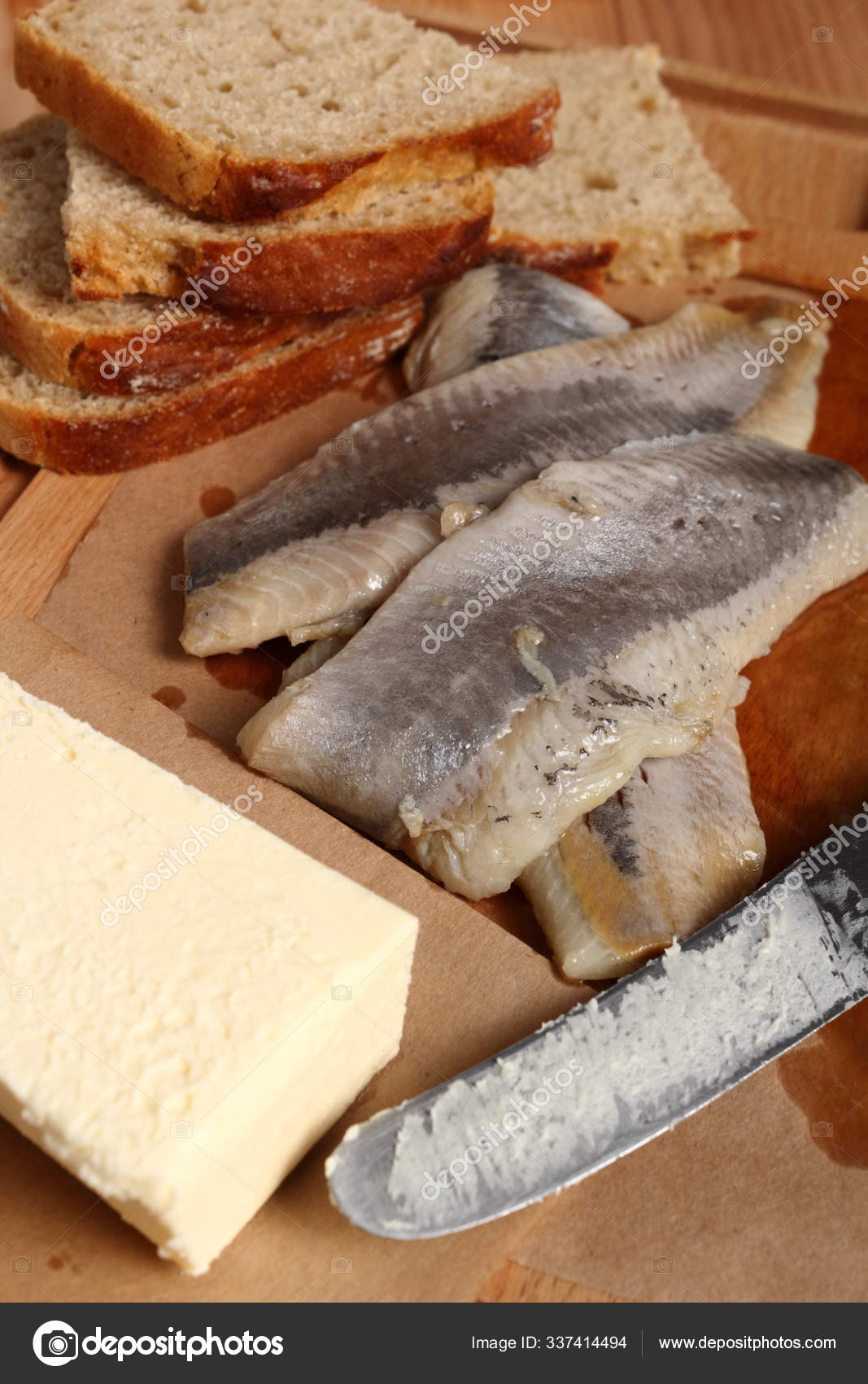 Making Sandwiches Pickled Herring Butter Salted Soused Skinless Fillets Fish — Stock Photo ...