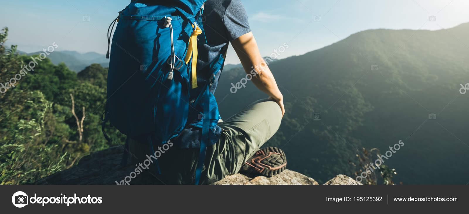 Successful Hiker Sitting Sunrise Mountain Top Cliff Edge Stock Photo by ...