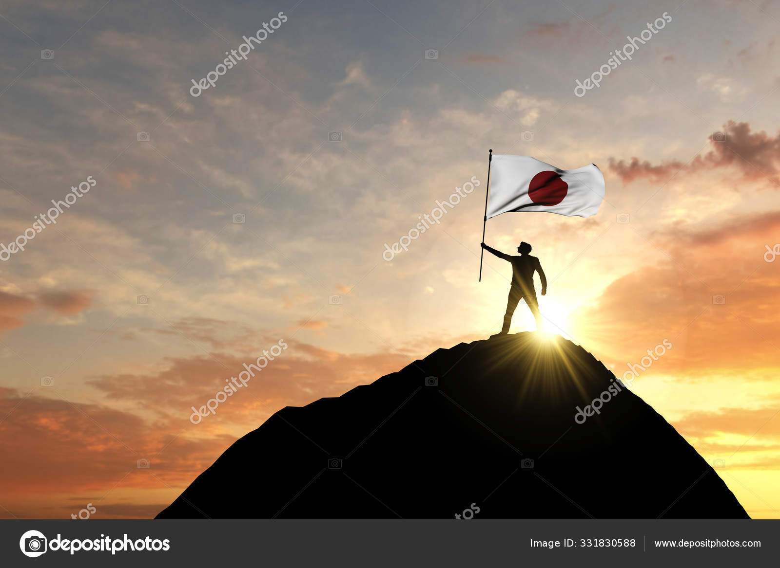 Japanese flag being waved at the top of a mountain summit. 3D Rendering ...