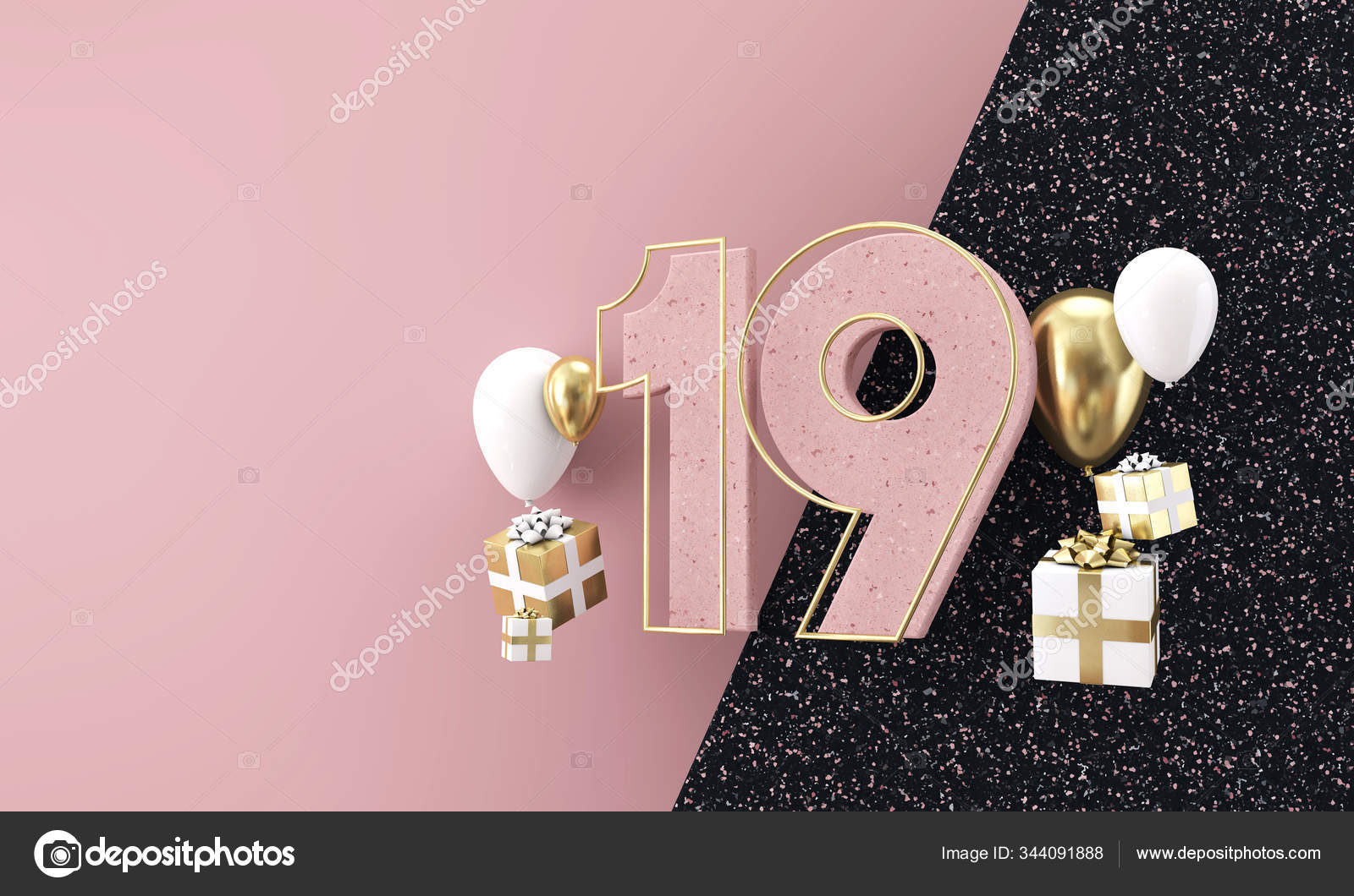 Happy 19th birthday party celebration. Modern marble composition 3D ...
