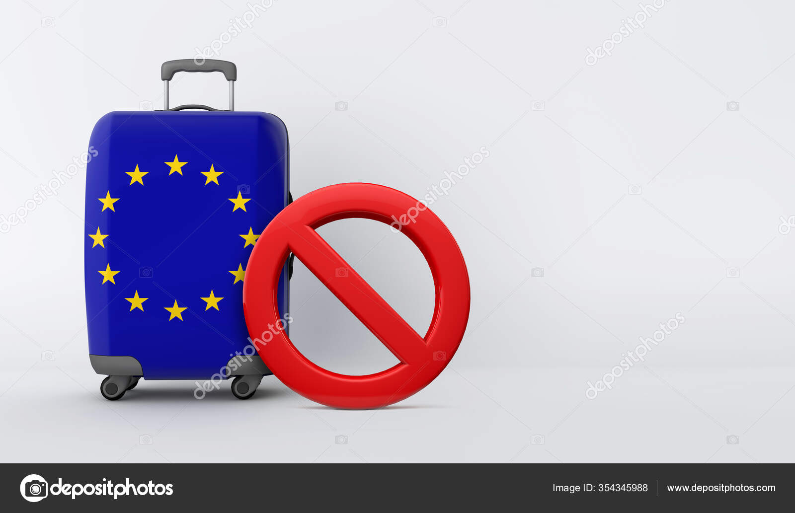 European Union flag suitcase with no entry sign. Travel ban concept. 3D ...