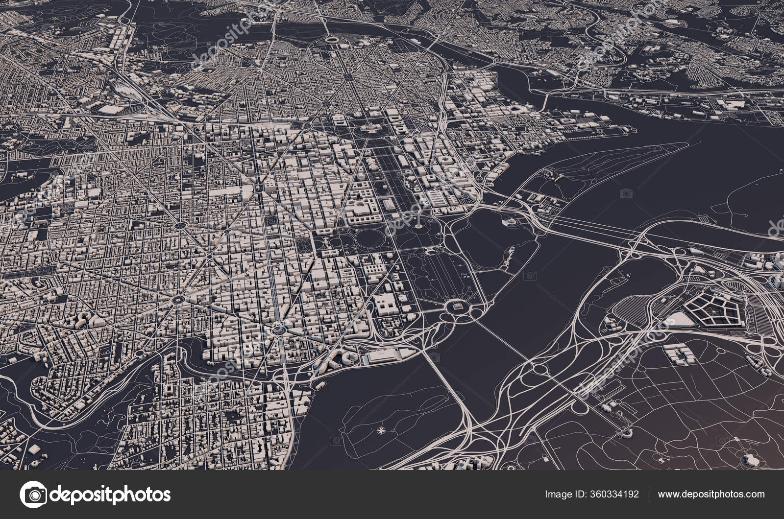 Washington DC mapa de la ciudad 3D Rendering. Vista aérea por satélite ...