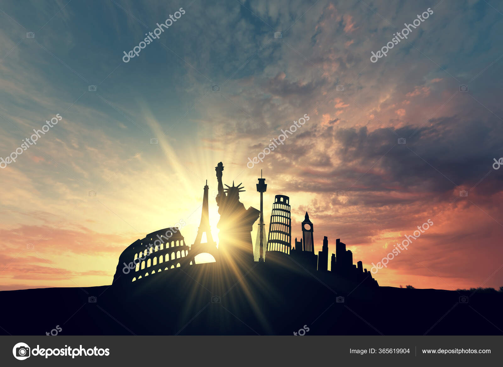 Famous travel destination silhouette, New York, Rome, London, Paris. 3D ...