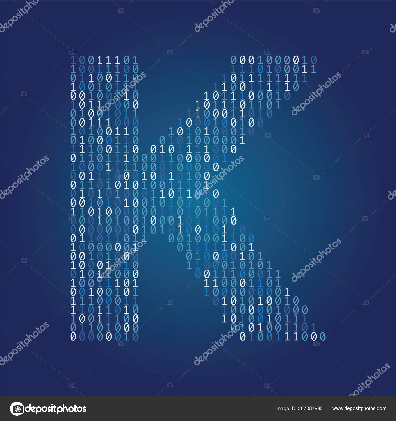 Letter K font made from binary code digits on a dark blue background ...