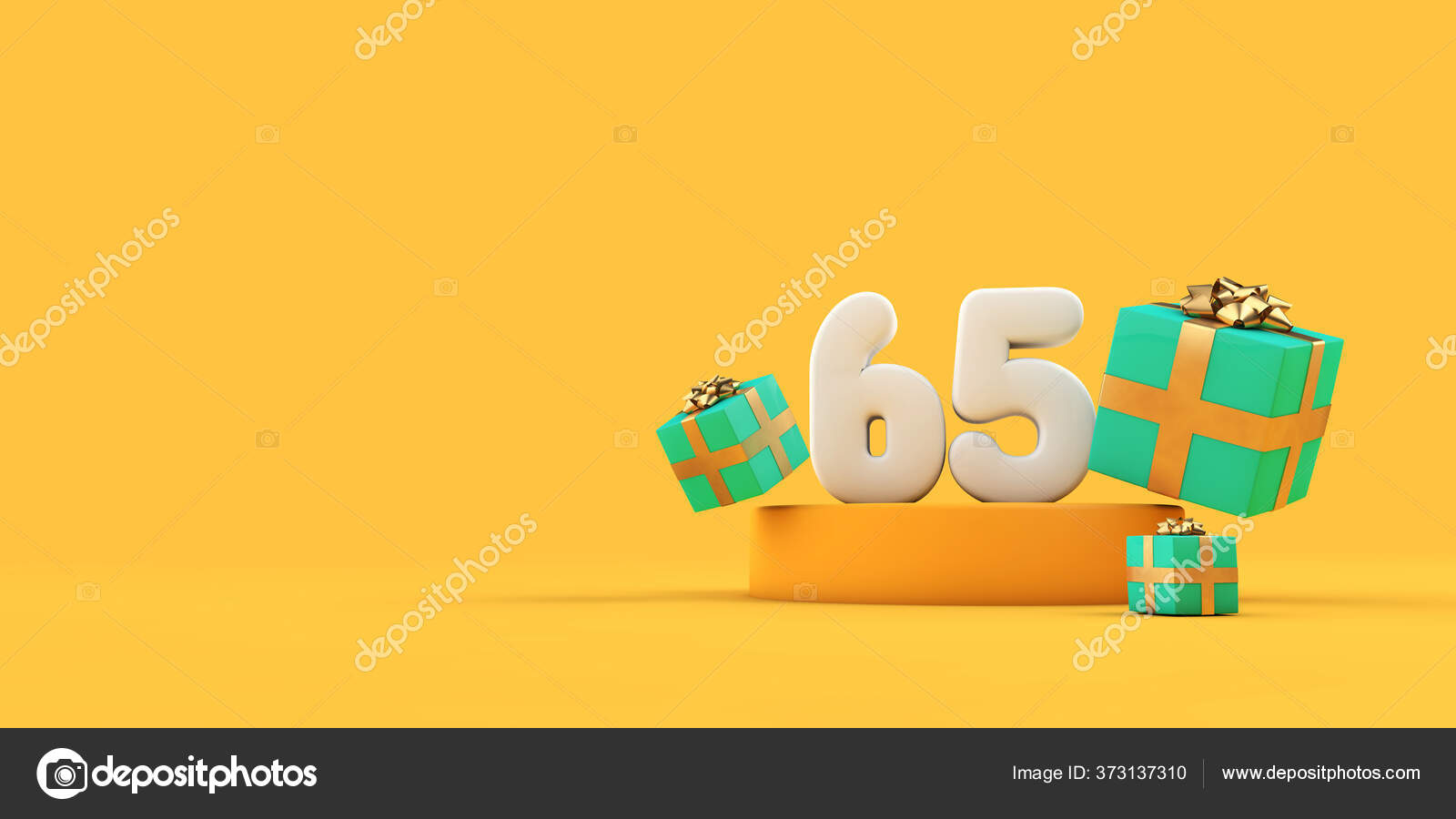 Happy 65th birthday number and gifts on a yellow podium. 3D Render ...