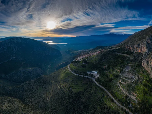 Aerial view of Delphi, Greece, the Gulf of Corinth, orange color of ...
