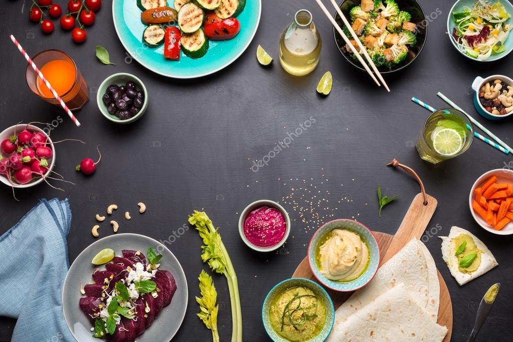 Colorful vegetarian feast dinner table from above — Stock Photo ...