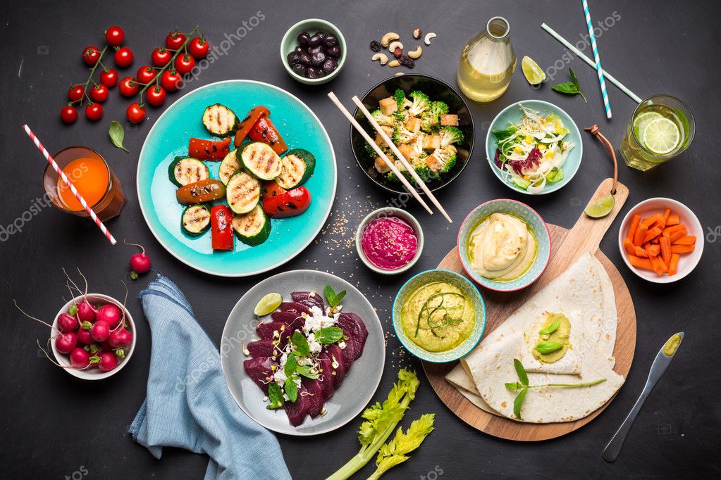 Colorful vegetarian feast dinner table from above — Stock Photo ...
