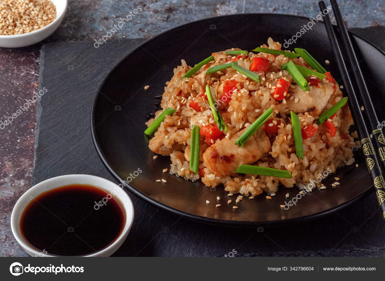 Tori chahan fried Japanese rice with vegetables and chicken in soy ...