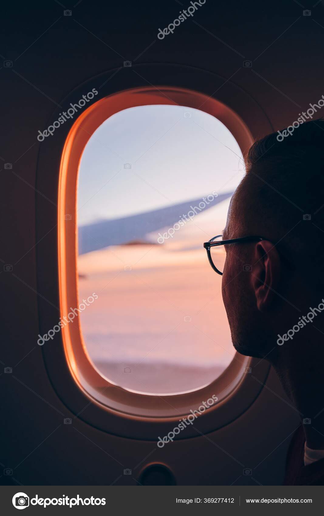 Man Looking Throught Window Airplane Flight Clouds Sunset Stock Photo ...