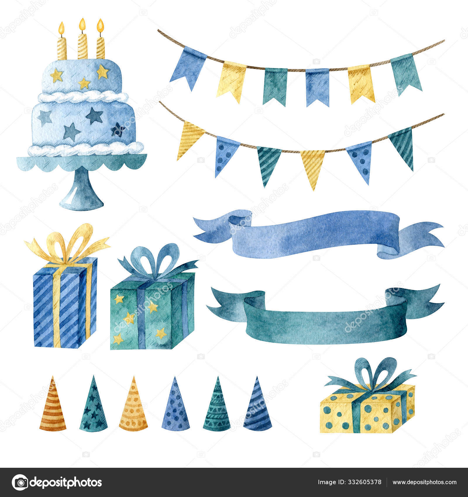 Watercolor Set Birthday Decorations Isolated White Background Birthday ...