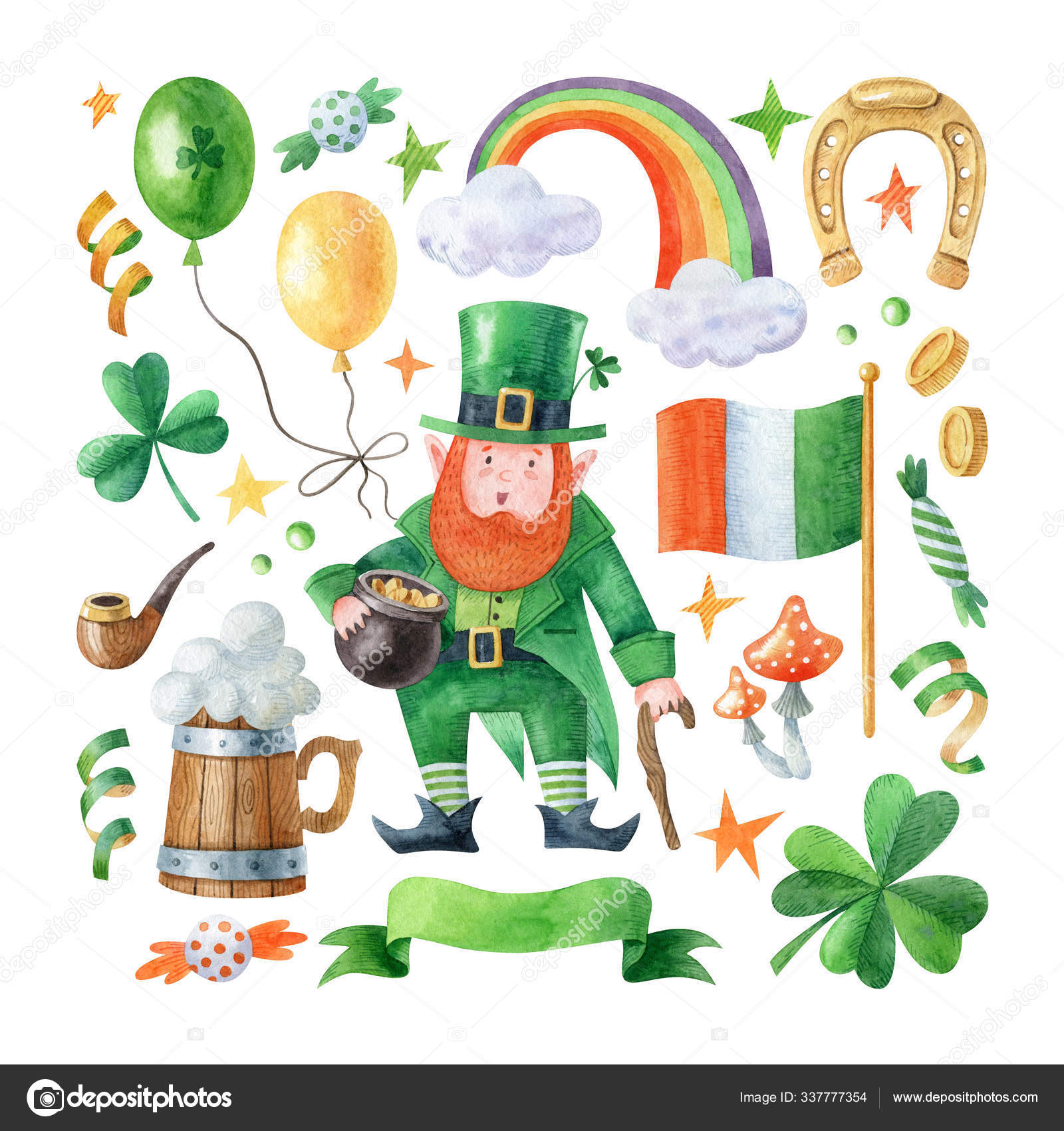Saint Patrick's Day Clipart Set Watercolor Symbols Include Leprechaun Rainbow Stock Illustration ...