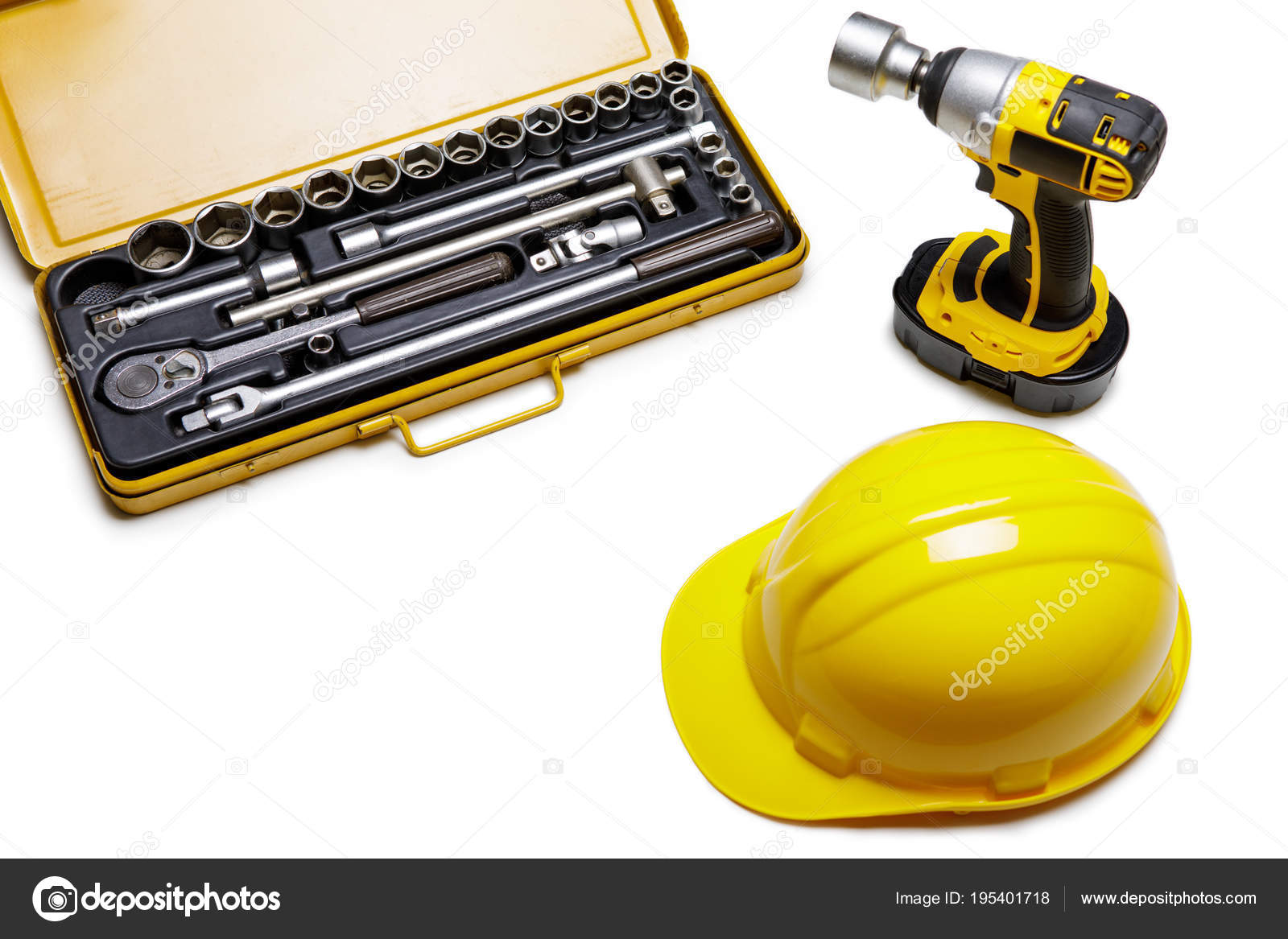 Top view of Working tools. Electric drill, protective helmet and Stock ...