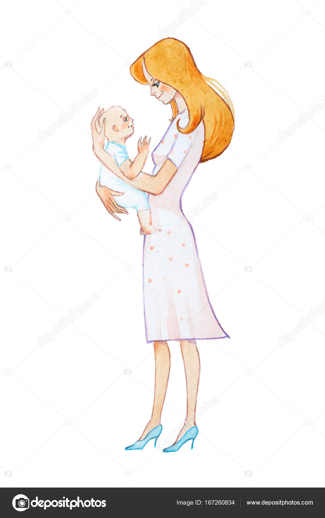 Hand-drawn watercolor illustration of pretty young mother holding ...