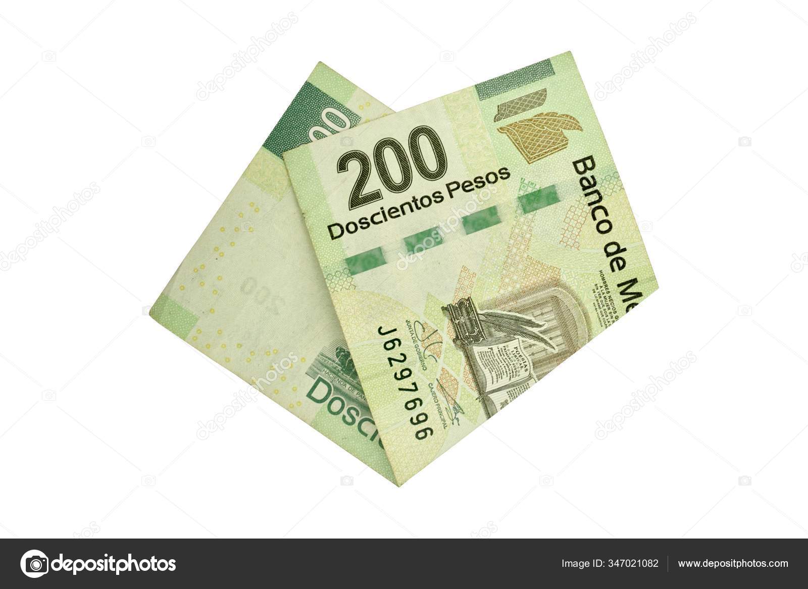 Single Middle Folded 200 Mexican Peso Bill Isolated White Background ...