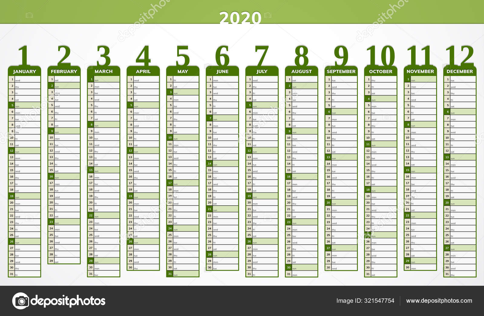 Wall horizontal calendar for year 2020 in green design Stock Vector ...