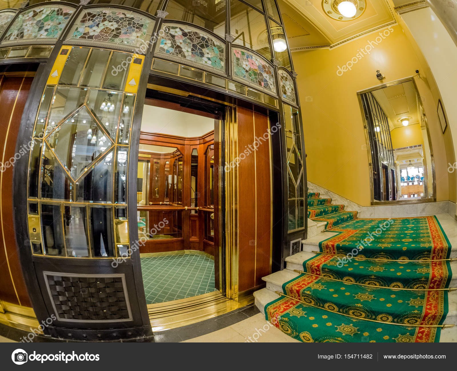 MOSCOW, RUSSIA - APRIL 27, 2017: Vintage elevator in Metropol hotel in Moscow, Russia on April ...