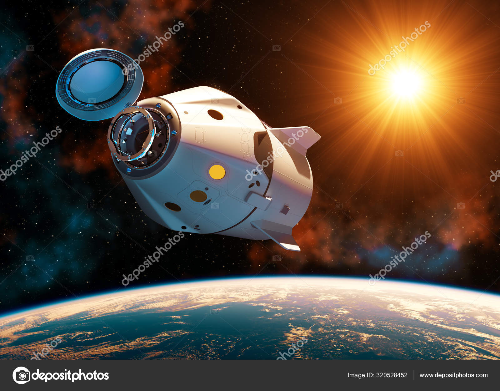 Commercial Spacecraft With Open Docking Hatch In The Rays Of Sun ...