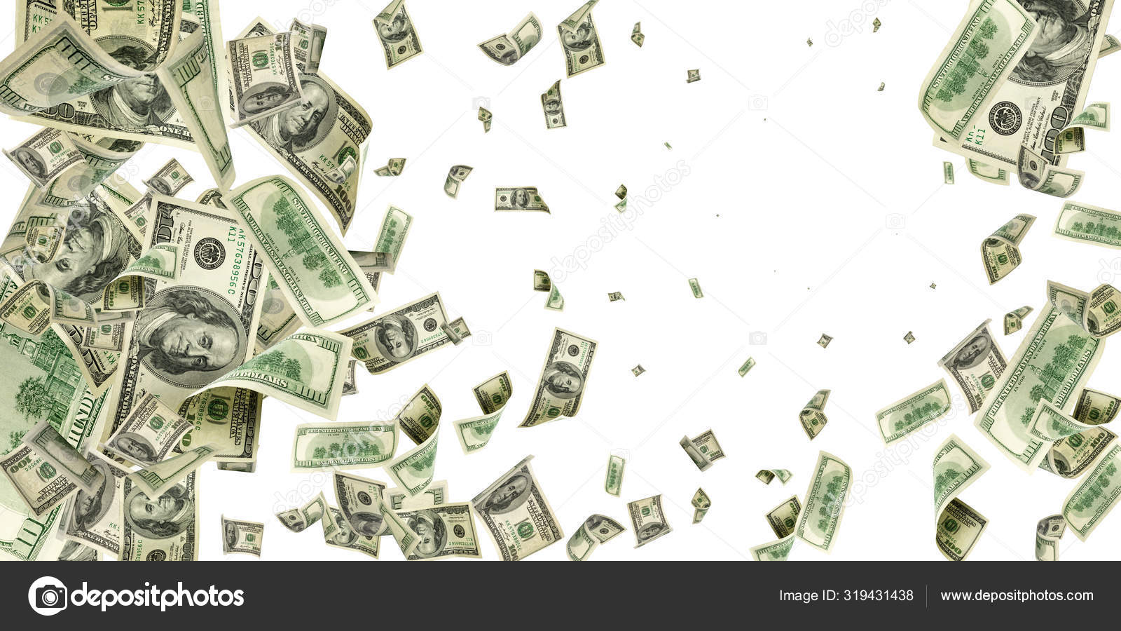 Hundred dollar bill. Falling money isolated background. American cash ...