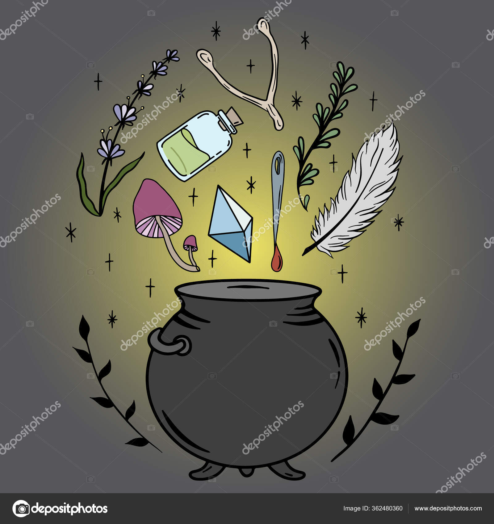 Vector set of magic items for making a magic potion with a cauldron ...