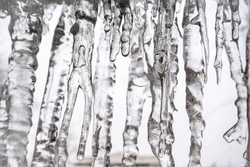 Carámbanos transparentes sobre fondo blanco 2023