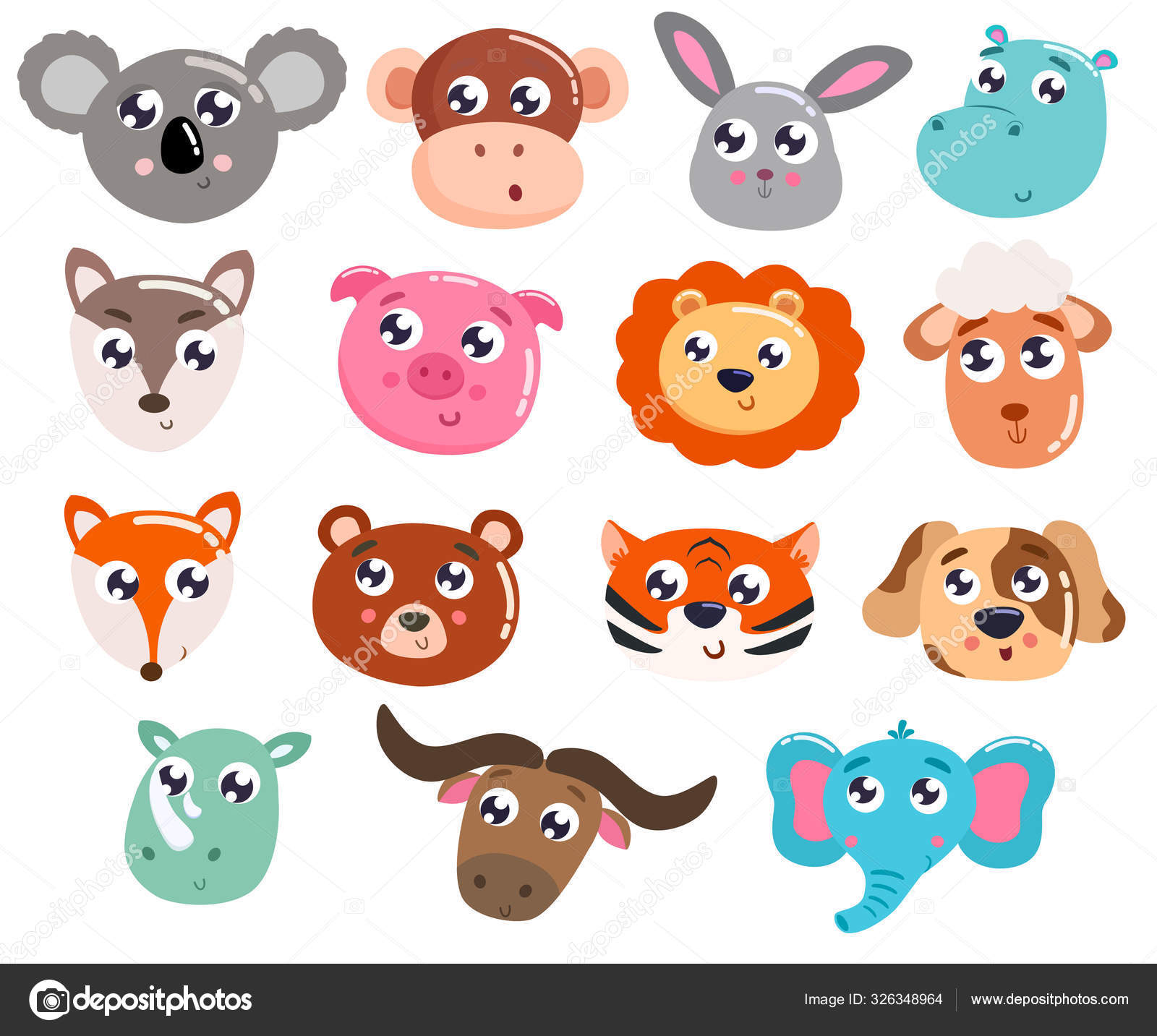 Gran conjunto de animales de dibujos animados lindos. Ilustración vectorial. Vector de stock ...
